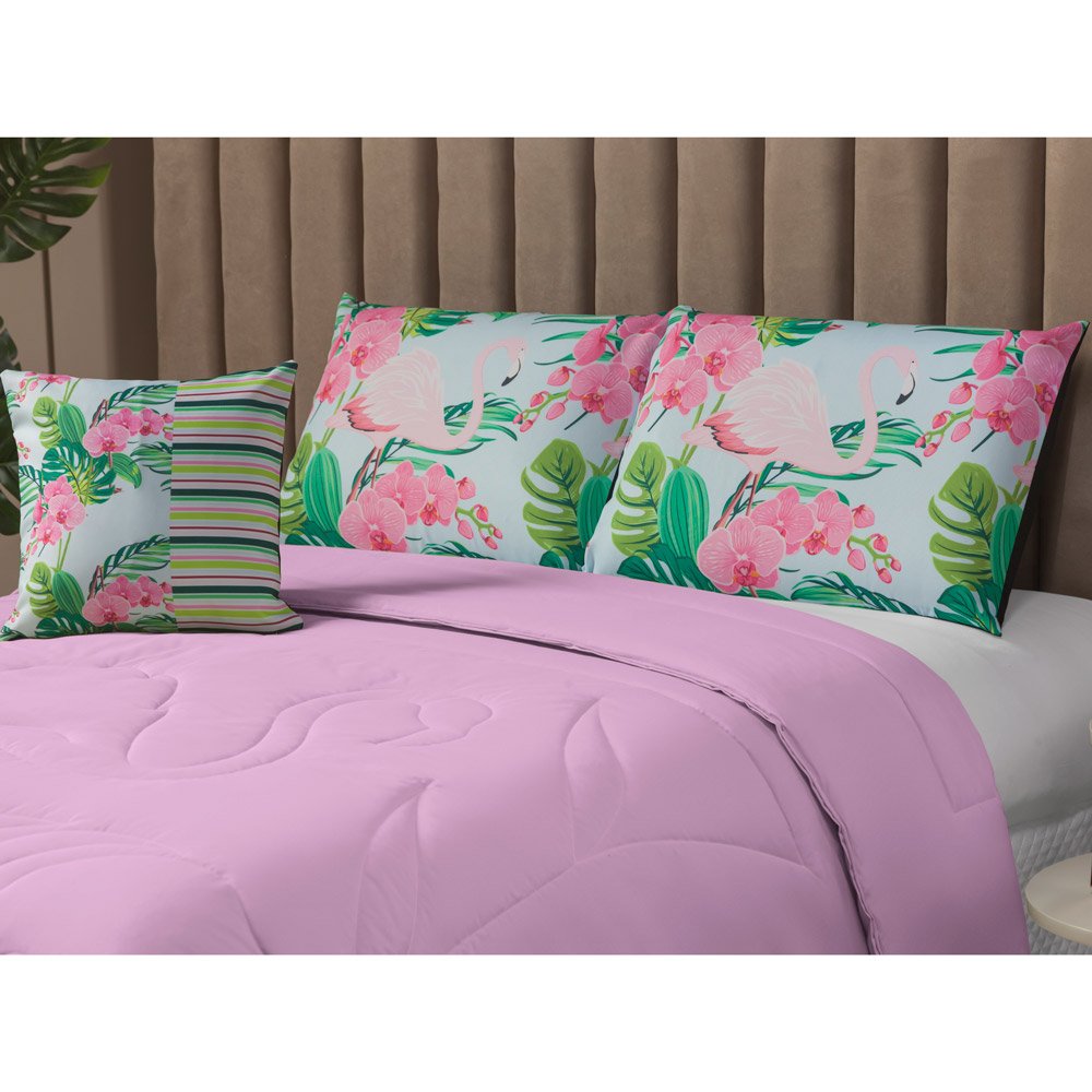 Kit Edredom Queen Flamingo Lilás | MadeiraMadeira