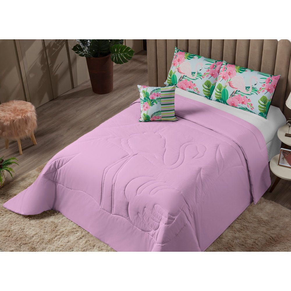 Kit Edredom Queen Flamingo Lilás | MadeiraMadeira