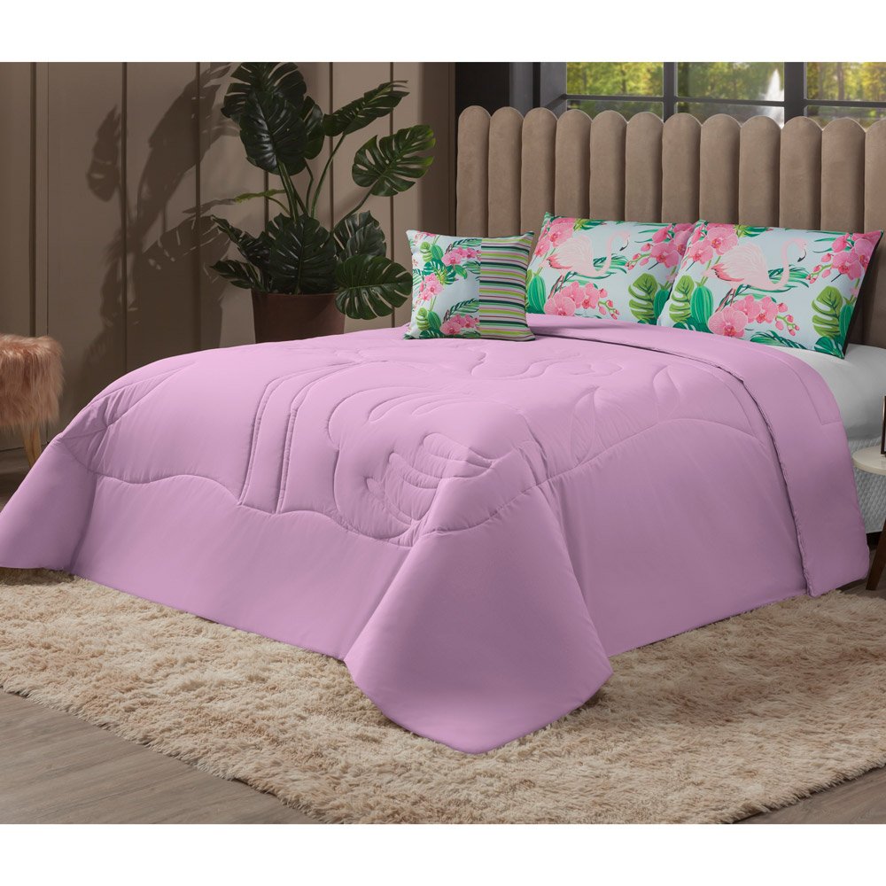 Kit Edredom Queen Flamingo Lilás | MadeiraMadeira