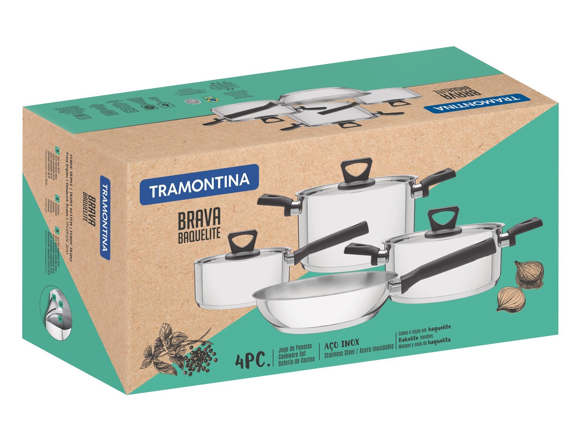 Jogo de Panelas Tramontina Brava Baquelite em Aço Inox com Fundo Triplo ...