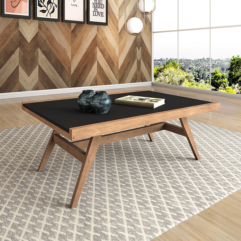 Mesa de Centro Retrô Retângular Diamante Base Madeira Maciça - Preto ...