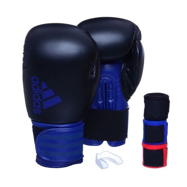 Kit Luva Boxe Adidas Hybrid 100 Preto/Azul com 3 Bandagens e Bucal ...