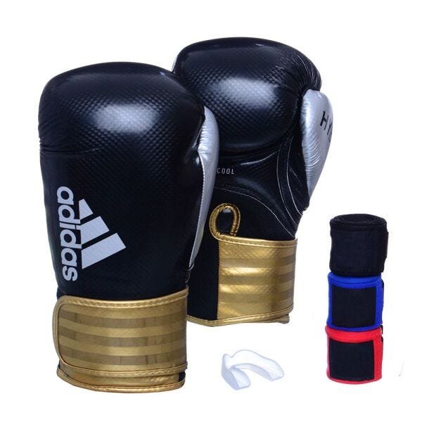 Kit Luva Boxe Adidas Hybrid 65 Preto/Dourado com 3 Bandagens e Bucal ...