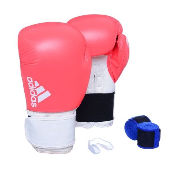 Kit Luva Boxe Adidas Hybrid 100 Branco/Salmão com Bandagem Azul e Bucal ...