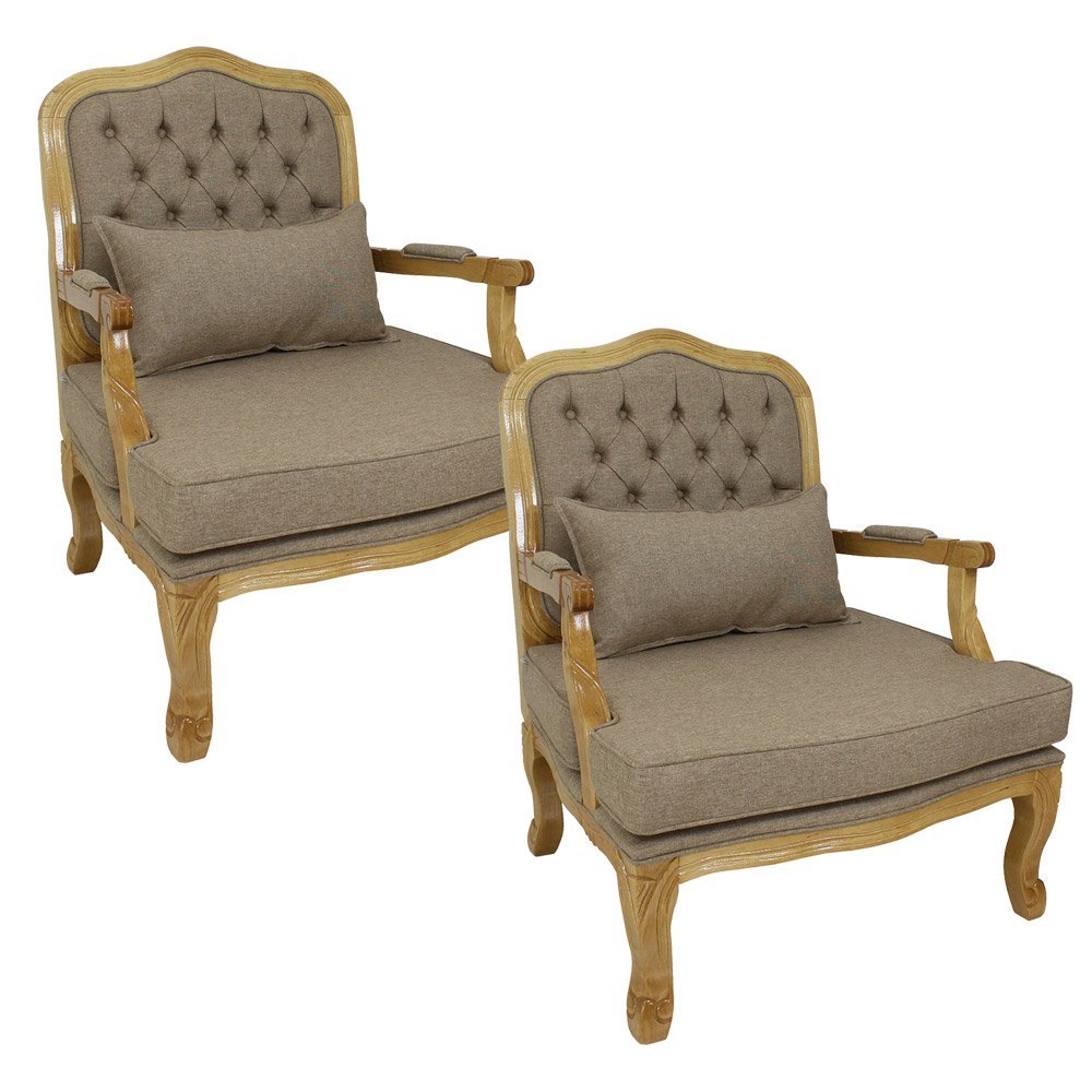 Kit 2 Poltronas Clássica King Entalhada Capitonê Verniz Mel Brilho e Linho Marrom Soberati ...