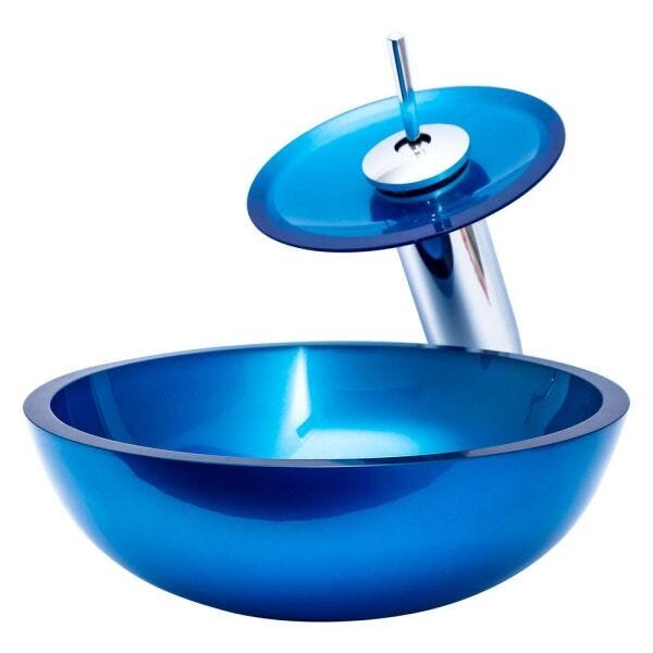 Cuba Vidro Redonda 30Cm Azul Matisse + Torneira Cascata + Válvula Click ...