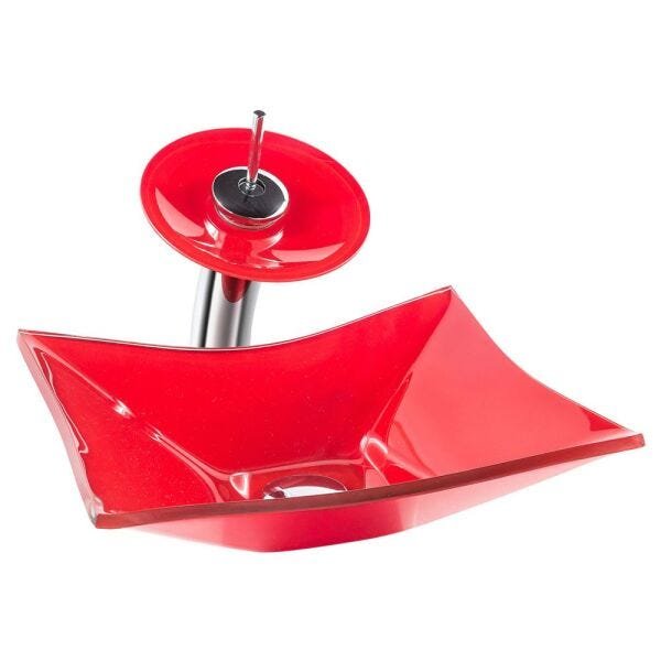 Cuba de Vidro Retangular Vermelha + Torneira Cascata + Válvula + Sifão ...