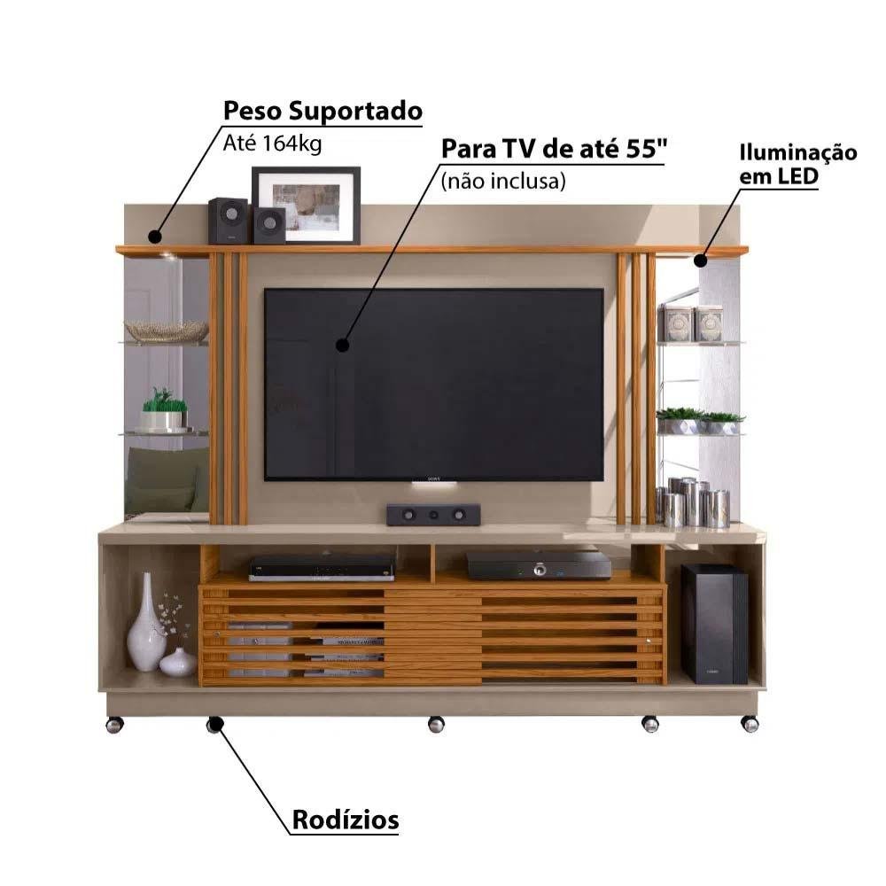Estante Home Theater Frizz Gold para TV de 55 Pol com Rodizios Natural ...
