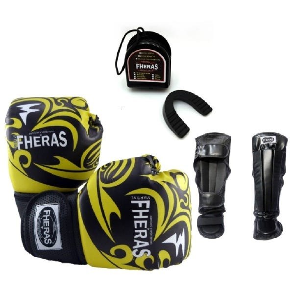 Kit Boxe Muay Thai Fheras New Top Luva+Bucal+Caneleira Anatômica Tribal ...