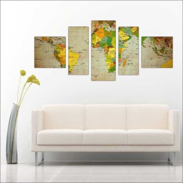 Quadro Decorativo Mapa Mundo Moderno Salas Interiores Mosaico 5 Peças ...