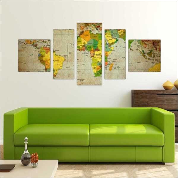 Quadro Decorativo Mapa Mundo Moderno Salas Interiores Mosaico 5 Peças ...