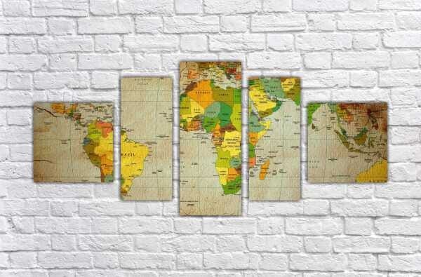 Quadro Decorativo Mapa Mundo Moderno Salas Interiores Mosaico 5 Peças ...