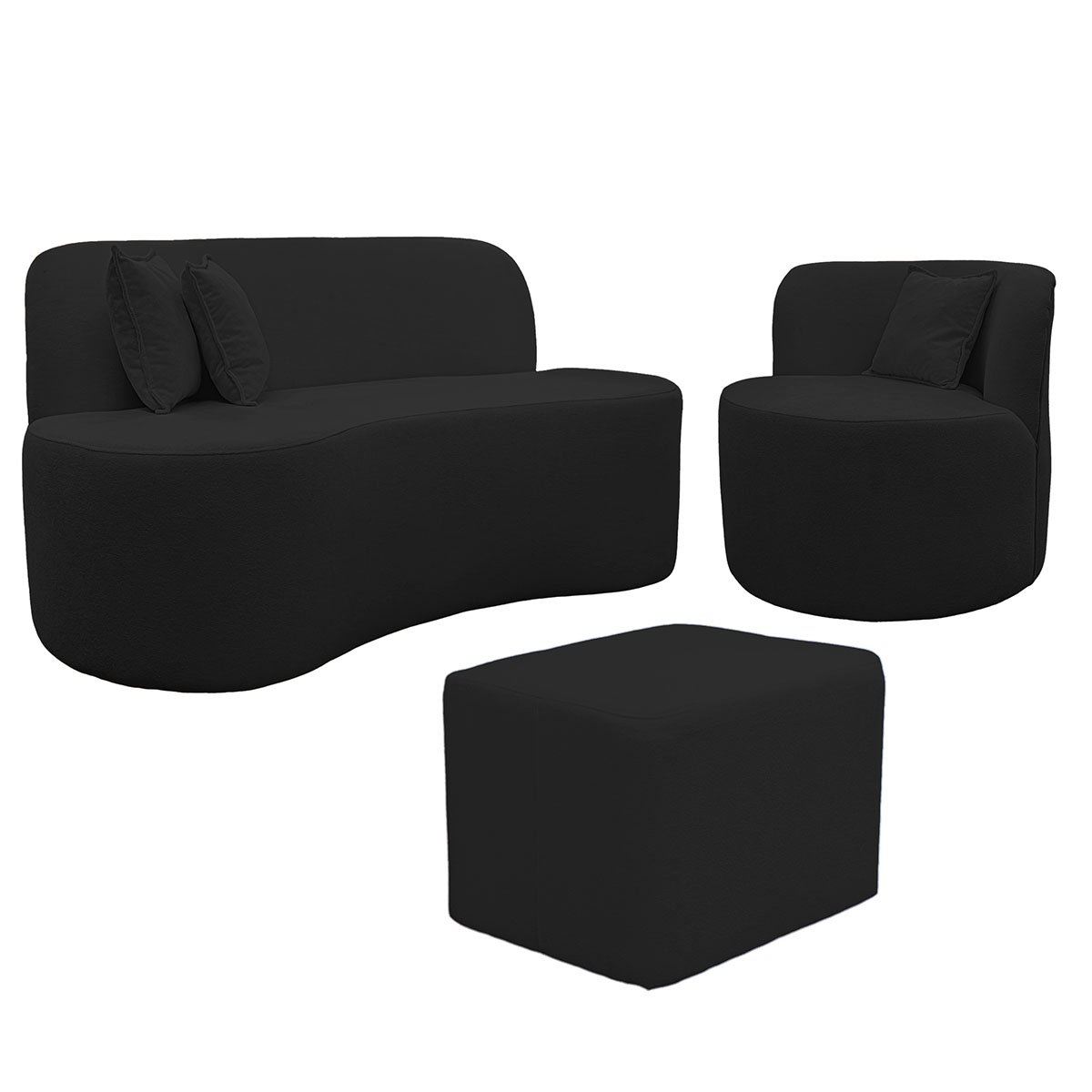 Kit 1 Poltrona com Sofá Curvo 2 Lugares Feijão Mais Puff Retangular ...