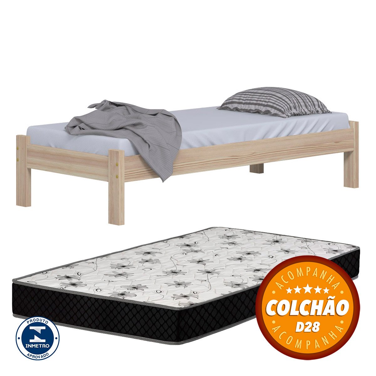Cama Turca Solteiro Cor Natural + 01 Colchão D28 | MadeiraMadeira