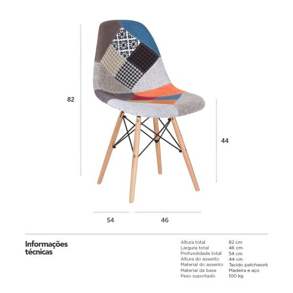 Cadeira Charles Eames Eiffel Dsw - Patchwork Colorido - Madeira Clara | MadeiraMadeira