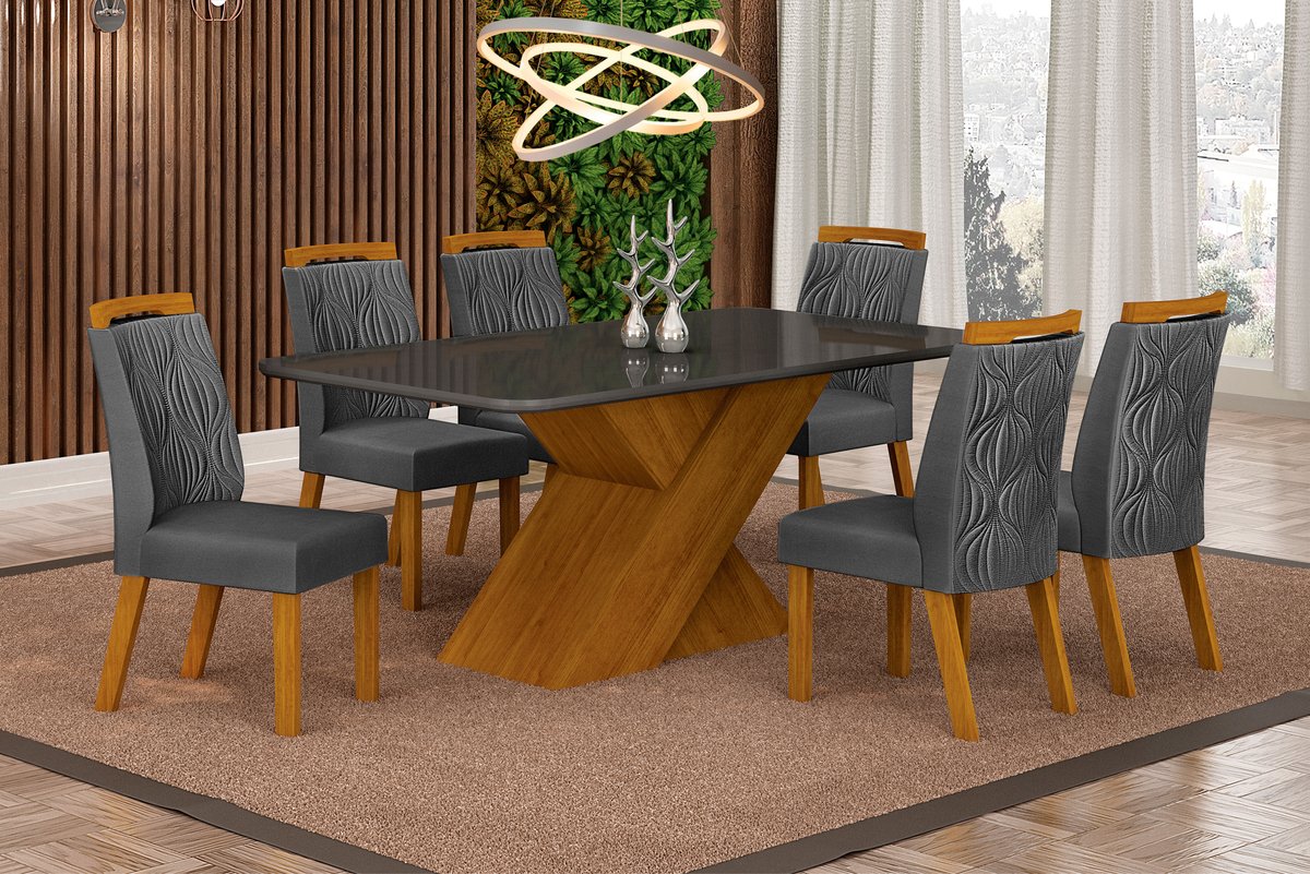 Conjunto Sala de Jantar Ilheus Mesa Freijo/Chumbo 1,80m C/ 06 Cadeiras Joli Chumbo Moveis Leifer ...