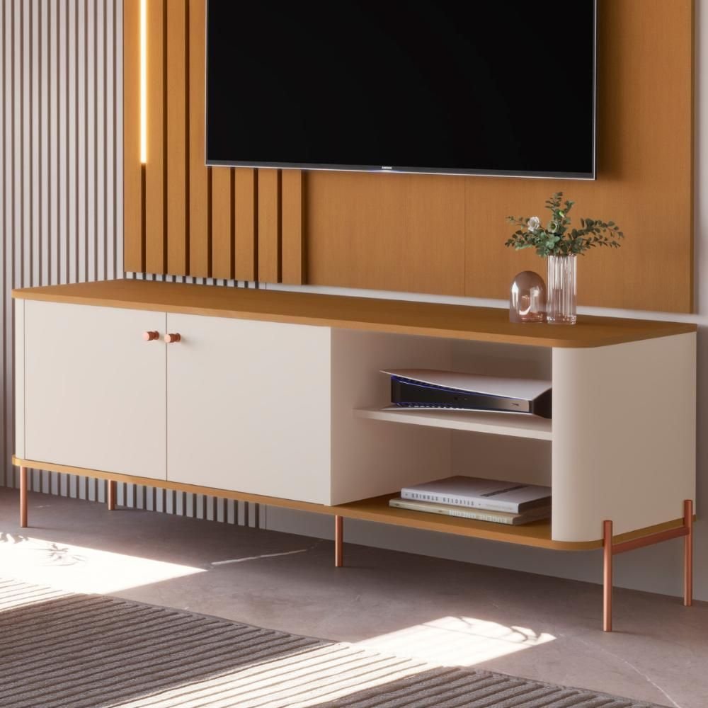 Rack para Tv 58 Polegadas Olaf Off White Nature Bronze | MadeiraMadeira