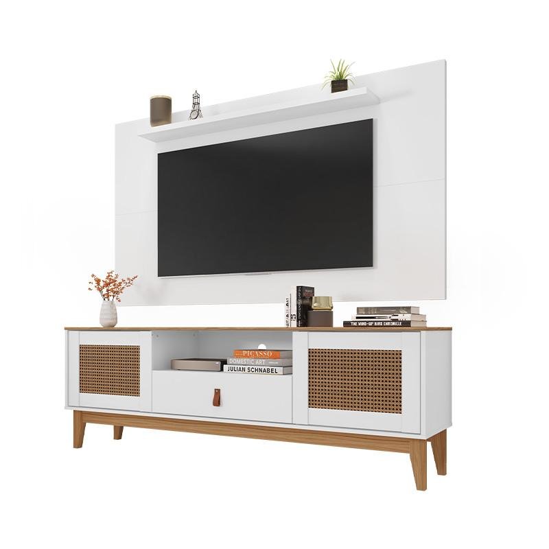 Conjunto Sala Rack Painel Esmeralda com Pés Madeira Maciça Branco/Noce ...