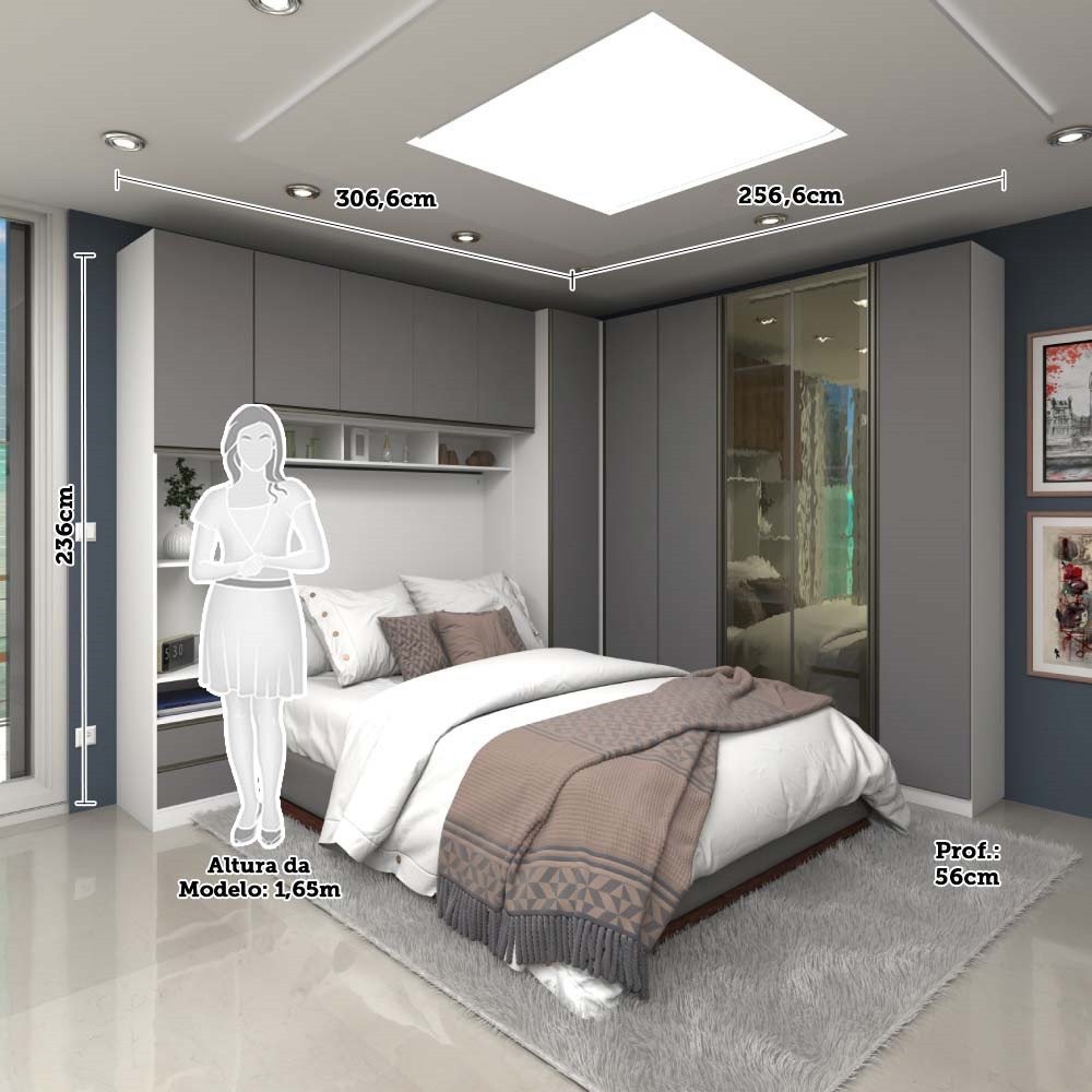 Quarto Completo de Canto Casal com 6 Módulos e Vidro Reflecta Prime ...