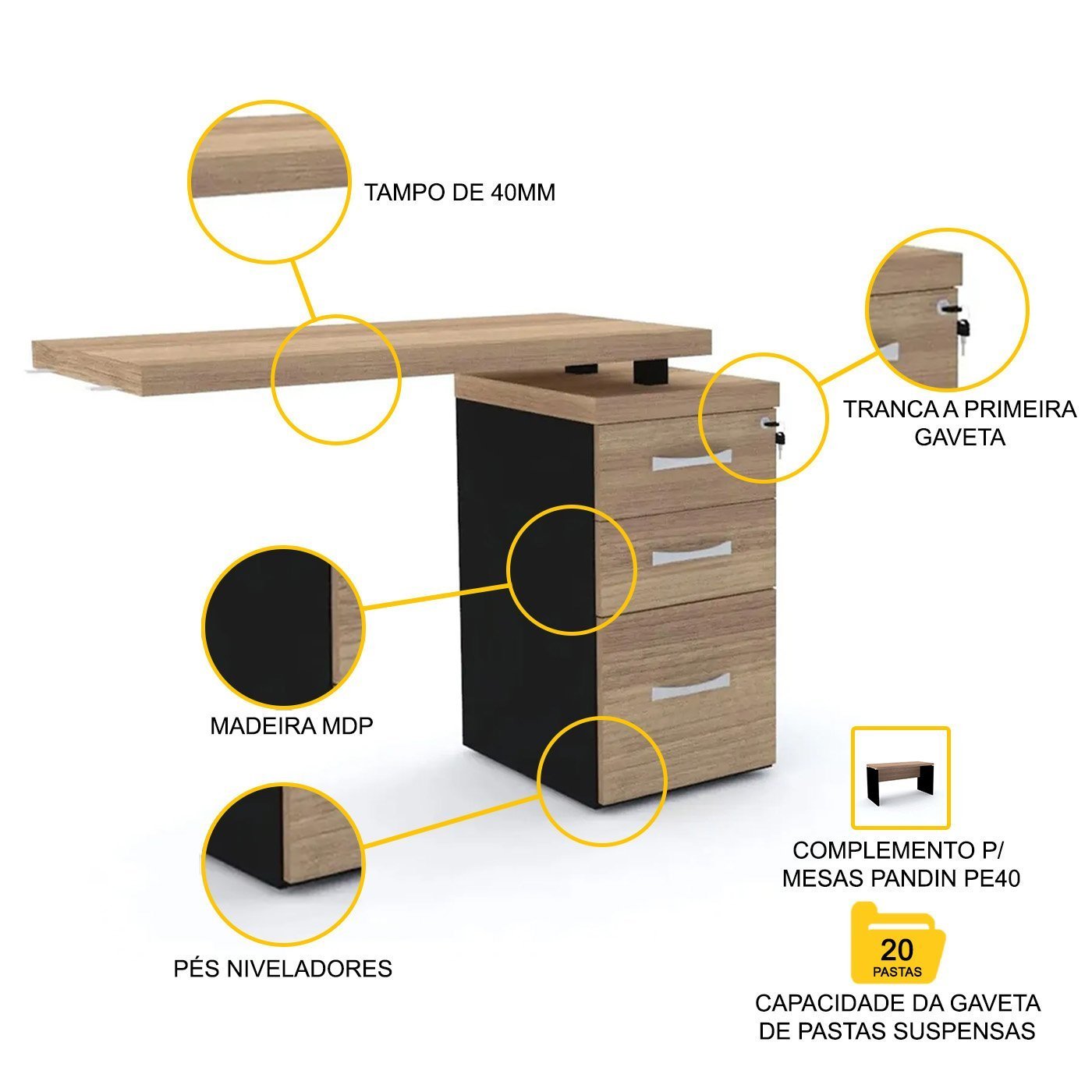 MESA COMPLEMENTO 3 GAVETAS PANDIN PE40 - NATURALLE MCP1040PG03 PE 40 ...