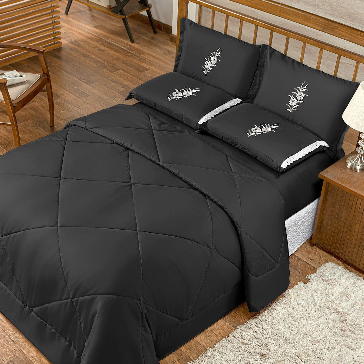 Kit Edredom Preto King Dupla Face 6 Peças Com Detalhes Bordados ...