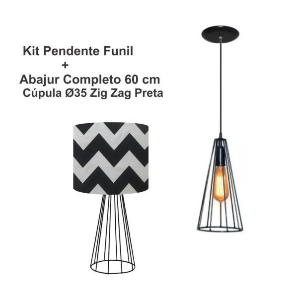 Kit Lustre Pendente Aramado Retrô Funíl + Abajur Aramado 60cm Preto ...