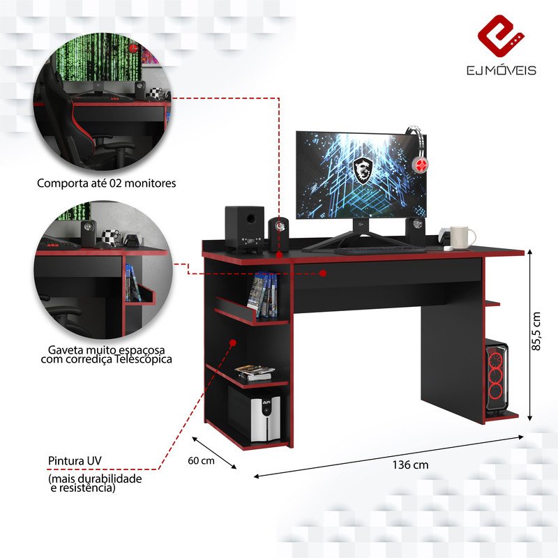 Mesa Gamer EJ - Preto/Vermelho | MadeiraMadeira