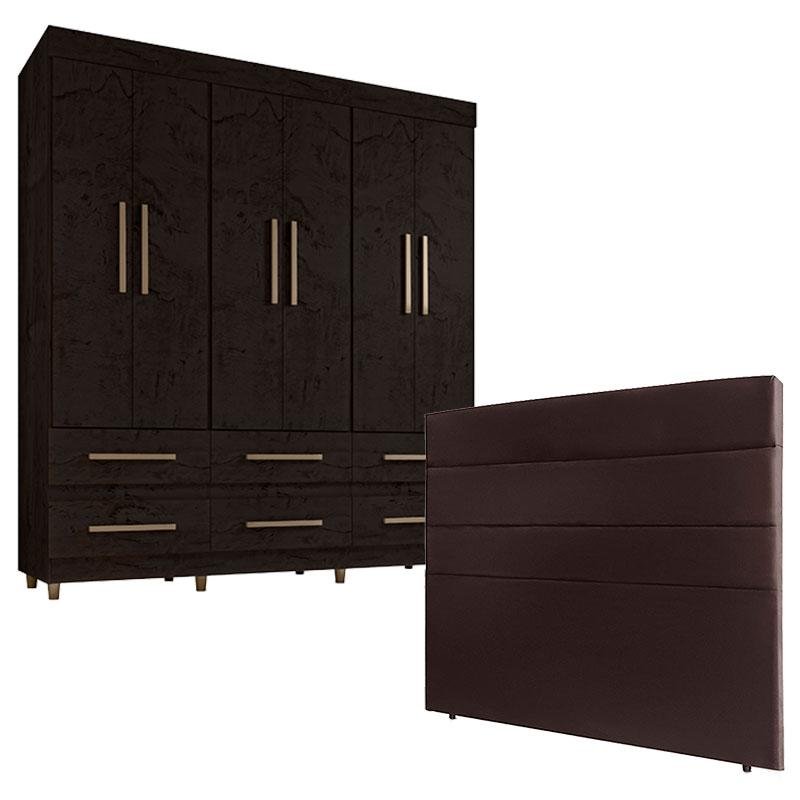 Guarda Roupa Casal 66020 Café e Cabeceira Bia 195 cm Marrom Couro ...