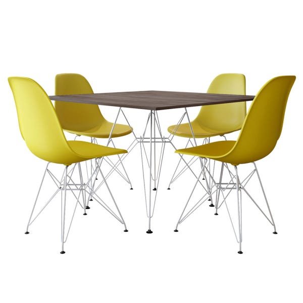 Conjunto de Mesa Eames de Ferro Branco e Tampo Quadrado Amadeirado 90cm ...
