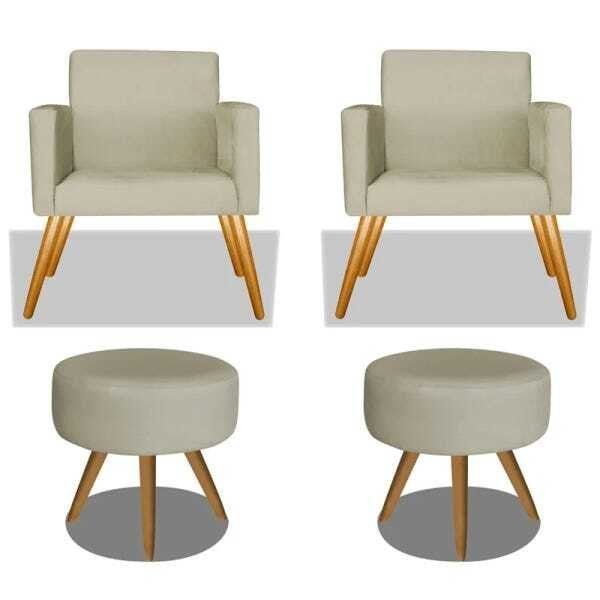 Kit 2 Poltrona Cadeira Sofá Decorativa Alice Pés Palito Mais 2 Puf Pufe ...