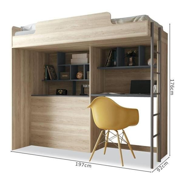 Cama multifuncional alta com escrivaninha prateleiras nichos e escada ...