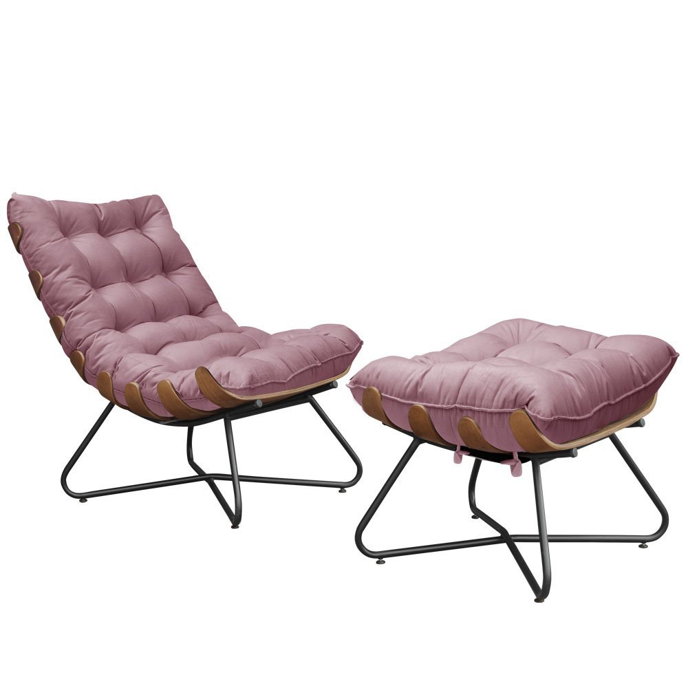 Conjunto Poltrona e Puff Costela Eva Madeira Base Preto- Aliw Decor Cor ...
