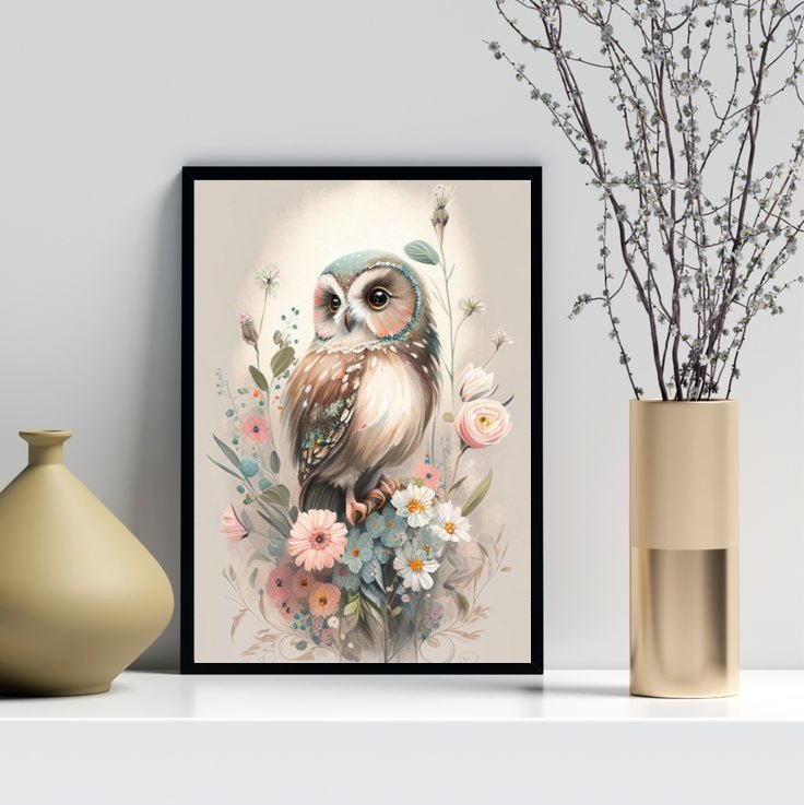 Quadro Aquarela Corujinha com Flores 33x24cm - com Vidro:moldura Preta ...