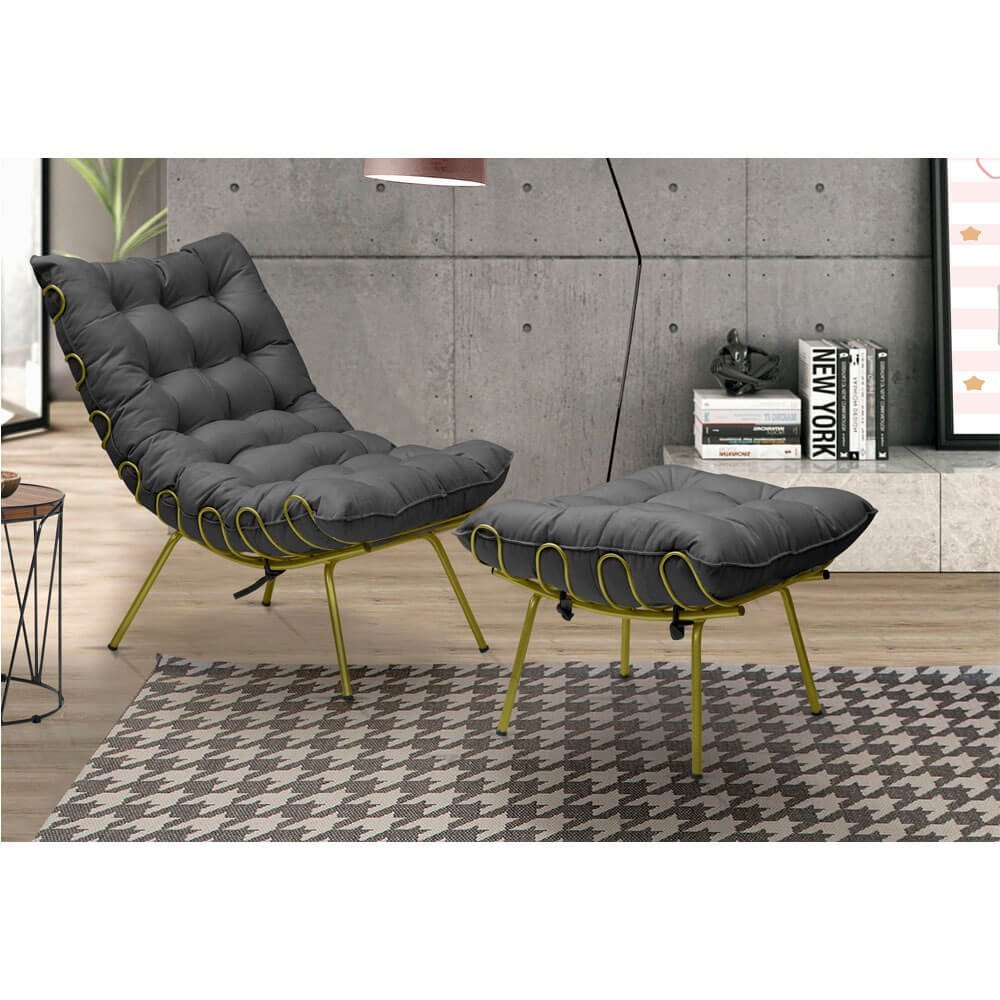 Conjunto Poltrona e Puff Costela Adão Madeira Base Dourada- Aliw Decor ...