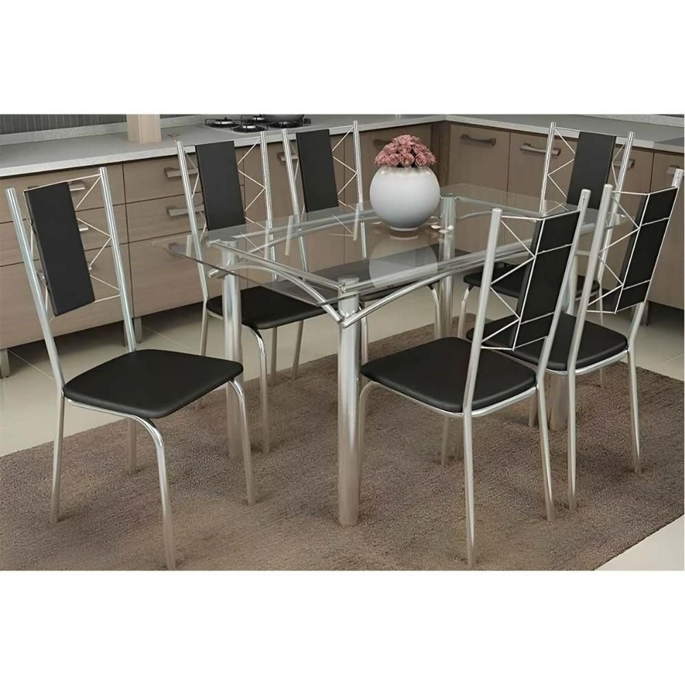Sala de Jantar Completa Elba C/ Tampo de Vidro 120cm e 6 Cadeiras ...