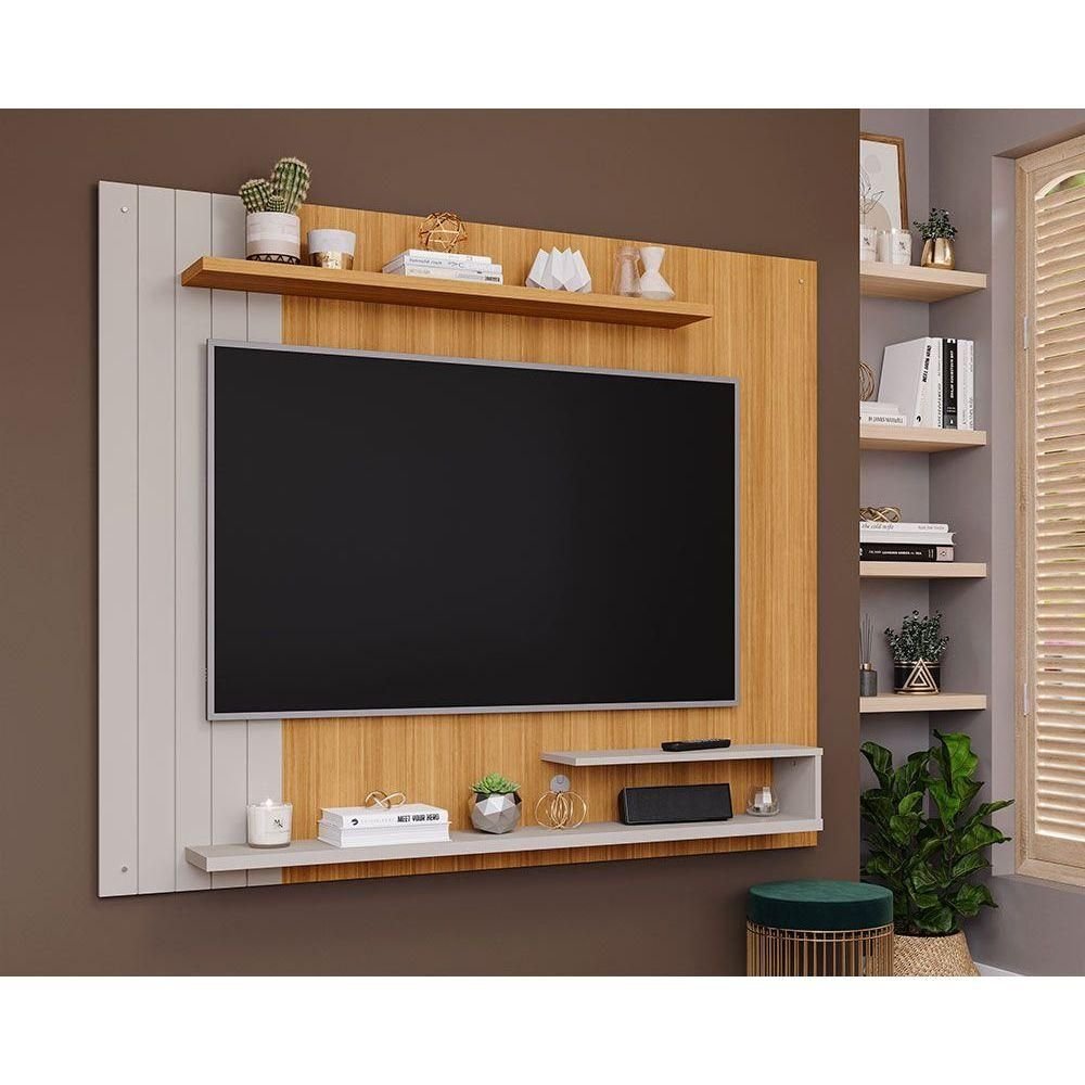 Painel Quarto P/ Tv até 50 Pol Floripa C/ Prateleiras Ripado 161x135cm ...