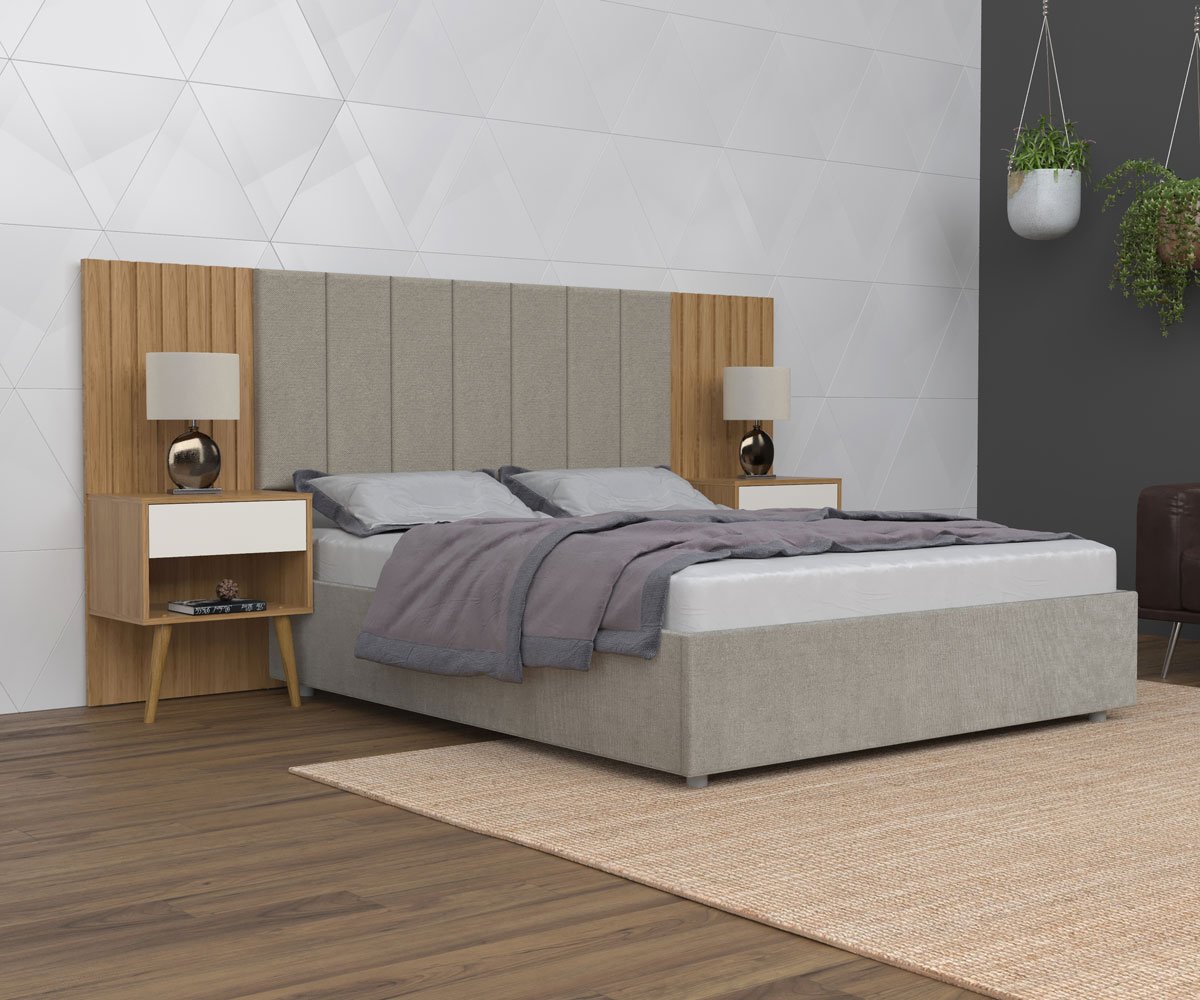 Cabeceira Extensível Zara Camaru/Pérola com Mesa de Apoio e Capitonê ...