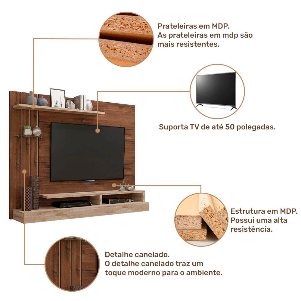 Painel para TV até 50 Polegadas com Prateleira de Vidro Valência ...
