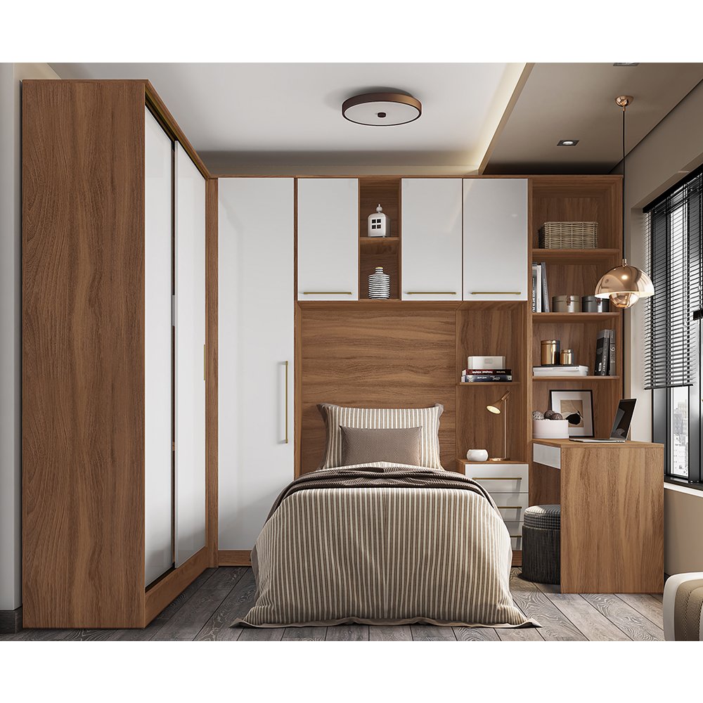Quarto de Solteiro Modulado Armário Aéreo + Escrivaninha + Roupeiro ...