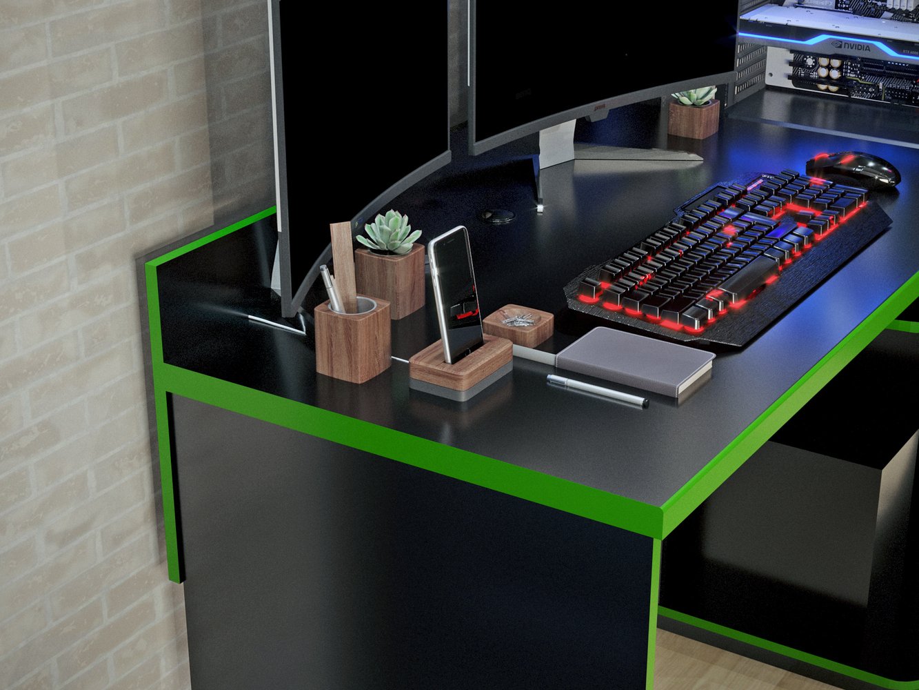 Mesa Gamer Office Valdemoveis Preto/Verde | MadeiraMadeira