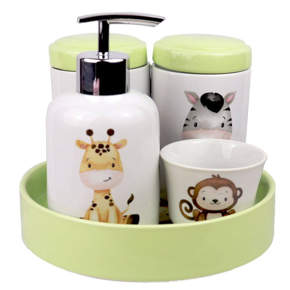 Kit Bebê Higiênico Organizador Banheiro Bancada Decorativo Funcional Safari Verde Porcelana 5 ...