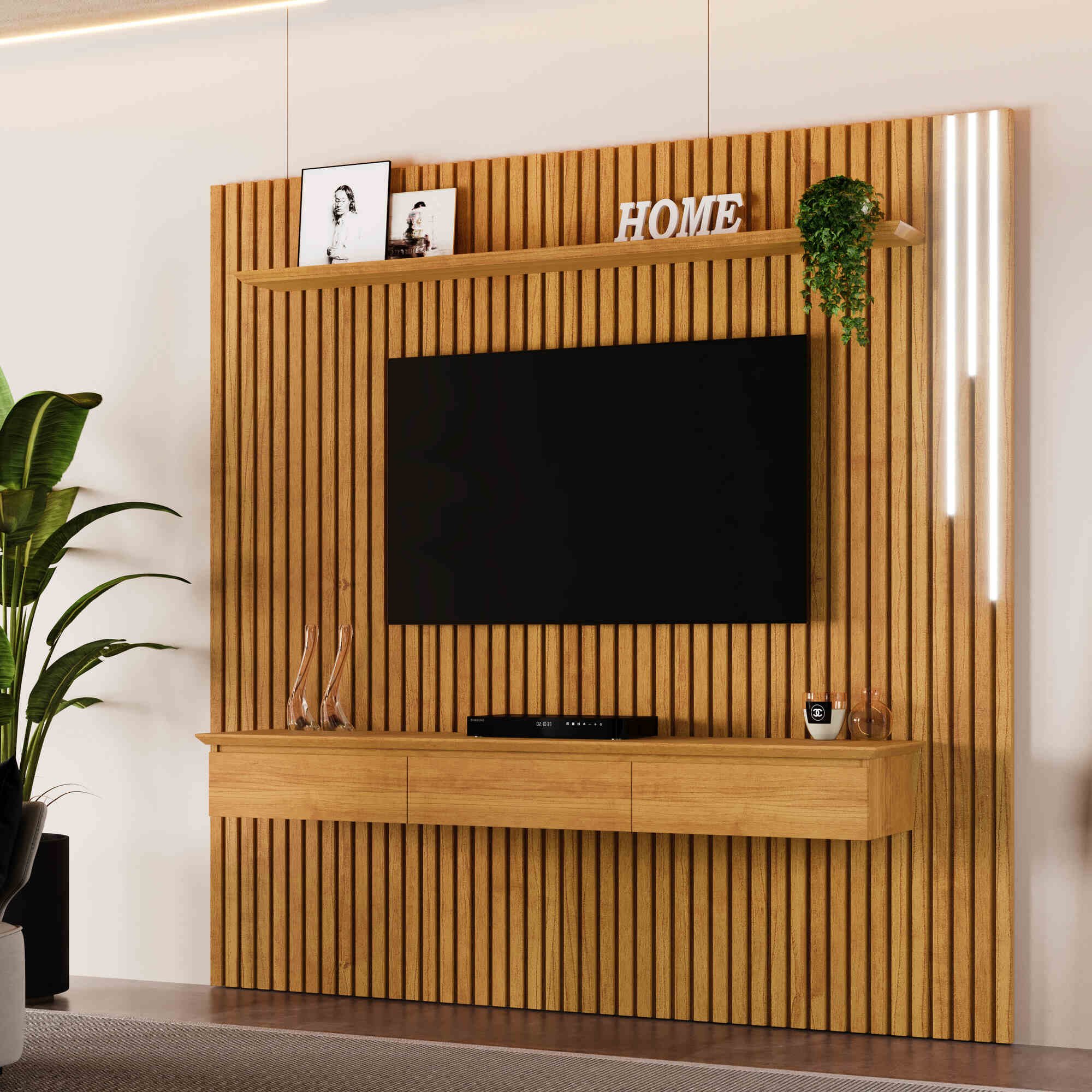 Painel para Tv Ripado Lyon 227cm com 3 Gavetas Cor Naturale Movaular Móveis | MadeiraMadeira