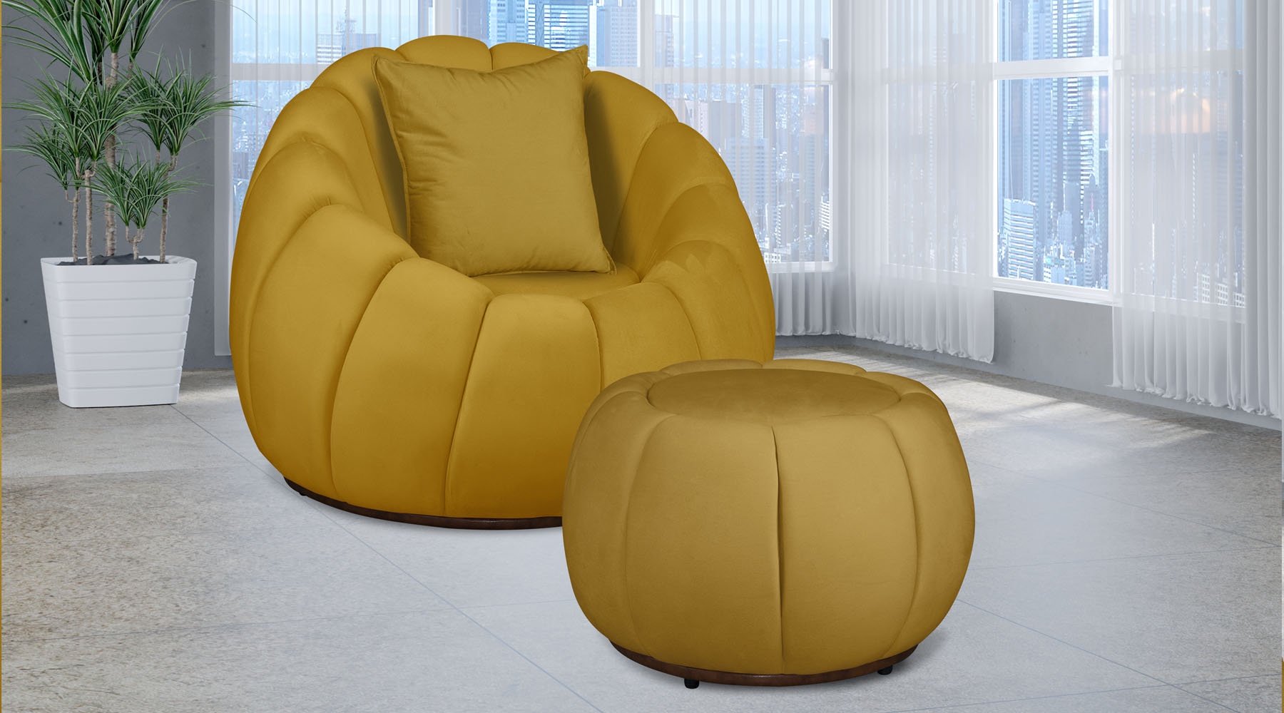 Kit Poltrona Giratória Concha C/ Puff + Almofada Veludo Mostarda ...