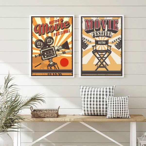 Kit 2 Quadros para Sala de Cinema Retrô 24x18cm:madeira Branca ...
