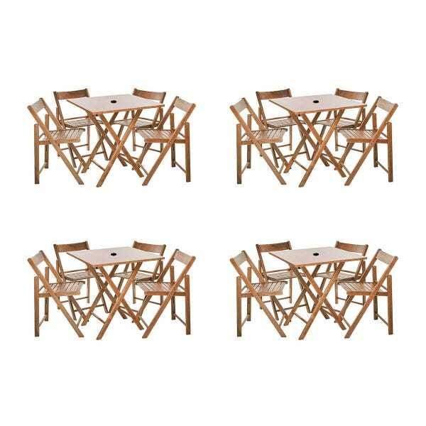 Kit 4 Jogos de Mesa Dobrável 4 Cadeiras de Madeira Classic Castanho com Suporte para Ombrelone ...