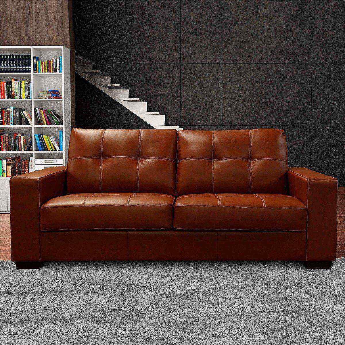 Sofá de Couro 3 Lugares Londres 206cm M06 Cor Conhaque com Brilho 457 ...