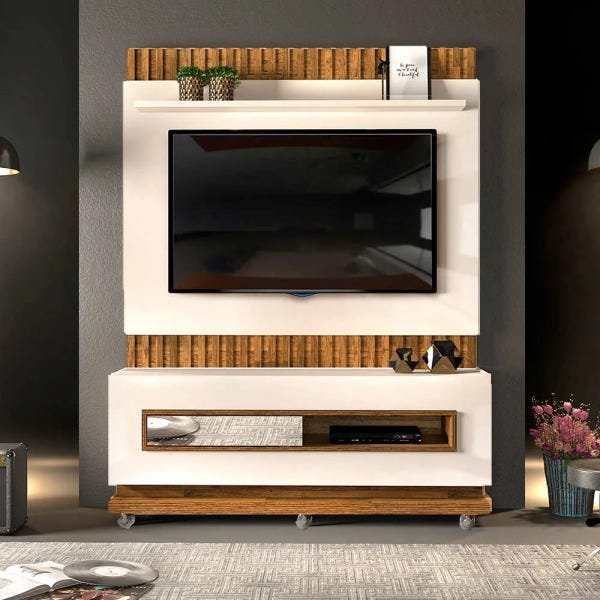 Rack com Painel Ripado para TV até 60 Polegadas Pose MDF. - Creme e Tronco Ripado | MadeiraMadeira