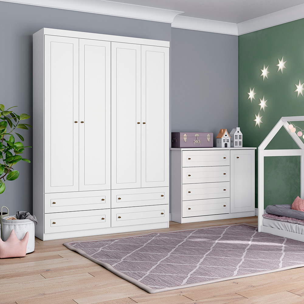Guarda Roupa e Comoda Americano 4 Gavetas para Bebe Branco | MadeiraMadeira