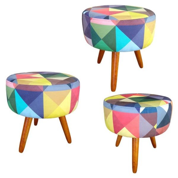 Kit 3 Puffs Bali Decorativo Estampa Triângulo | MadeiraMadeira