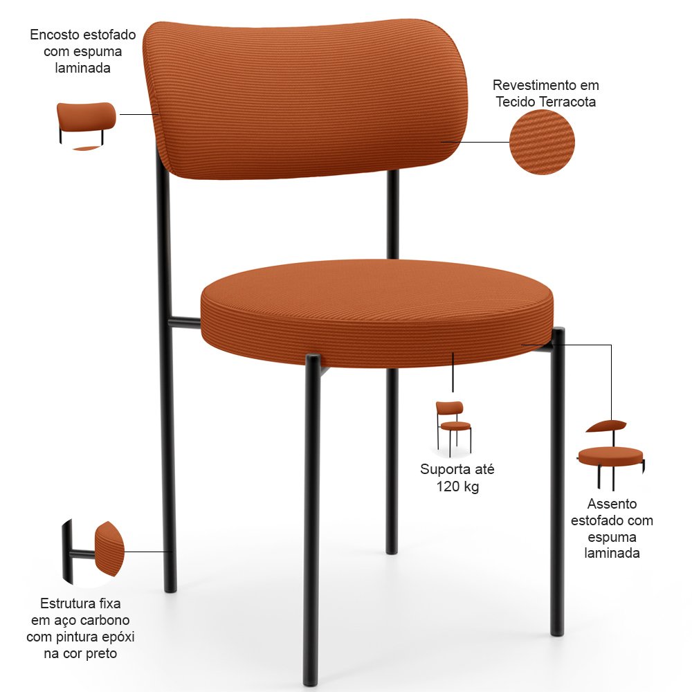 Kit 04 Cadeiras Estofadas para Sala de Jantar Louise L02 Tecido Terracota - Lyam Decor ...